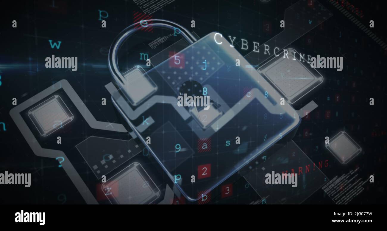 Image of changing numbers and letters over online security padlock Stock Photo - Alamy