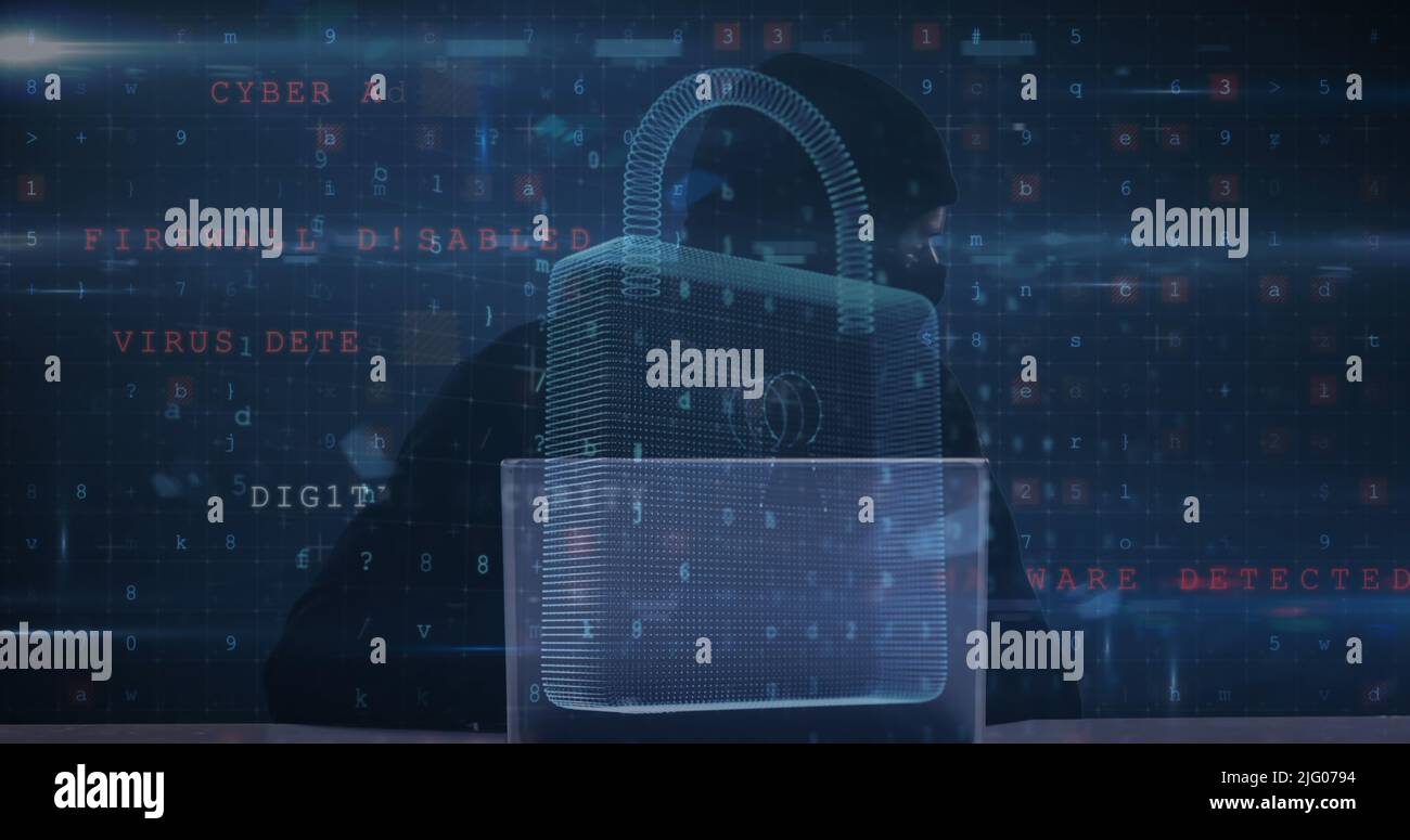 Image of changing numbers, letters and padlock over hacker using computer Stock Photo - Alamy