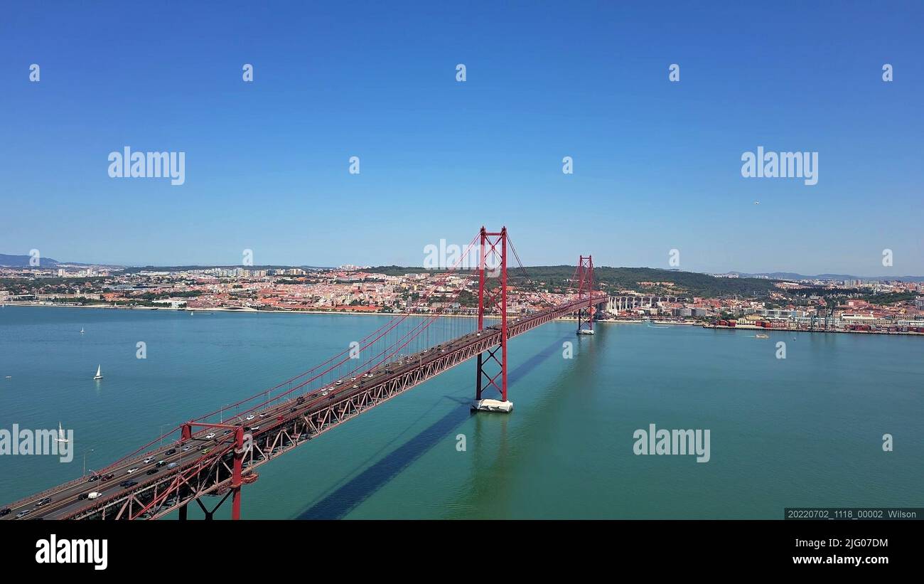 An aerial view of the Ponte 25 de Abril bridge in Lisbon, Portugal on ...