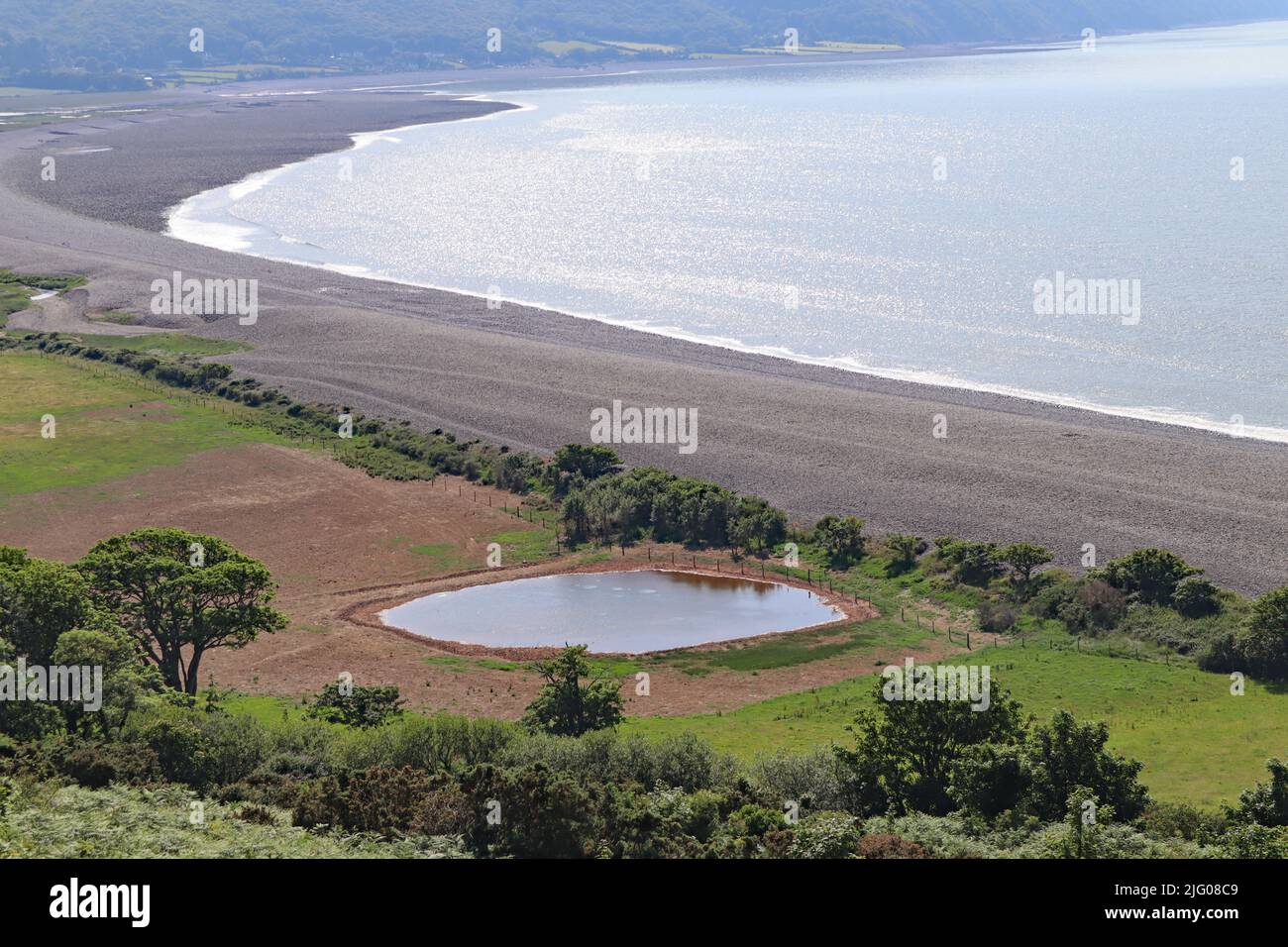 A view of the bay at Bossington in Somerset taken from high up at ...