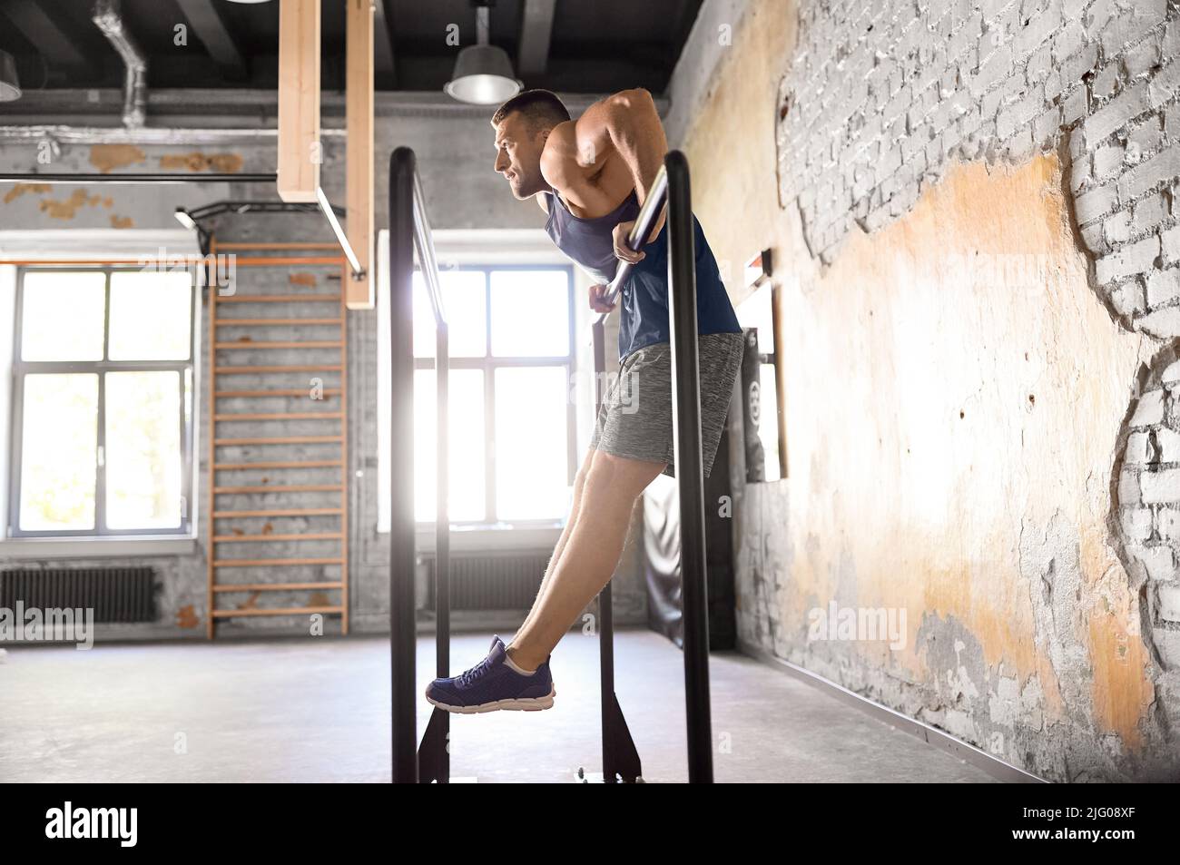 man doing push-ups on parallel bars in gym Stock Photo - Alamy