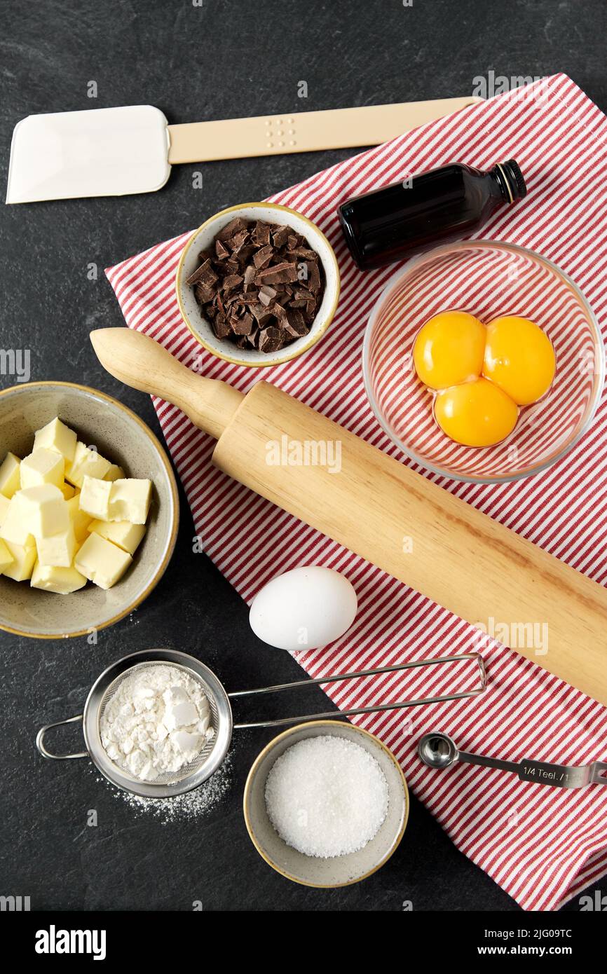 rolling pin, butter, eggs, flour and chocolate Stock Photo - Alamy
