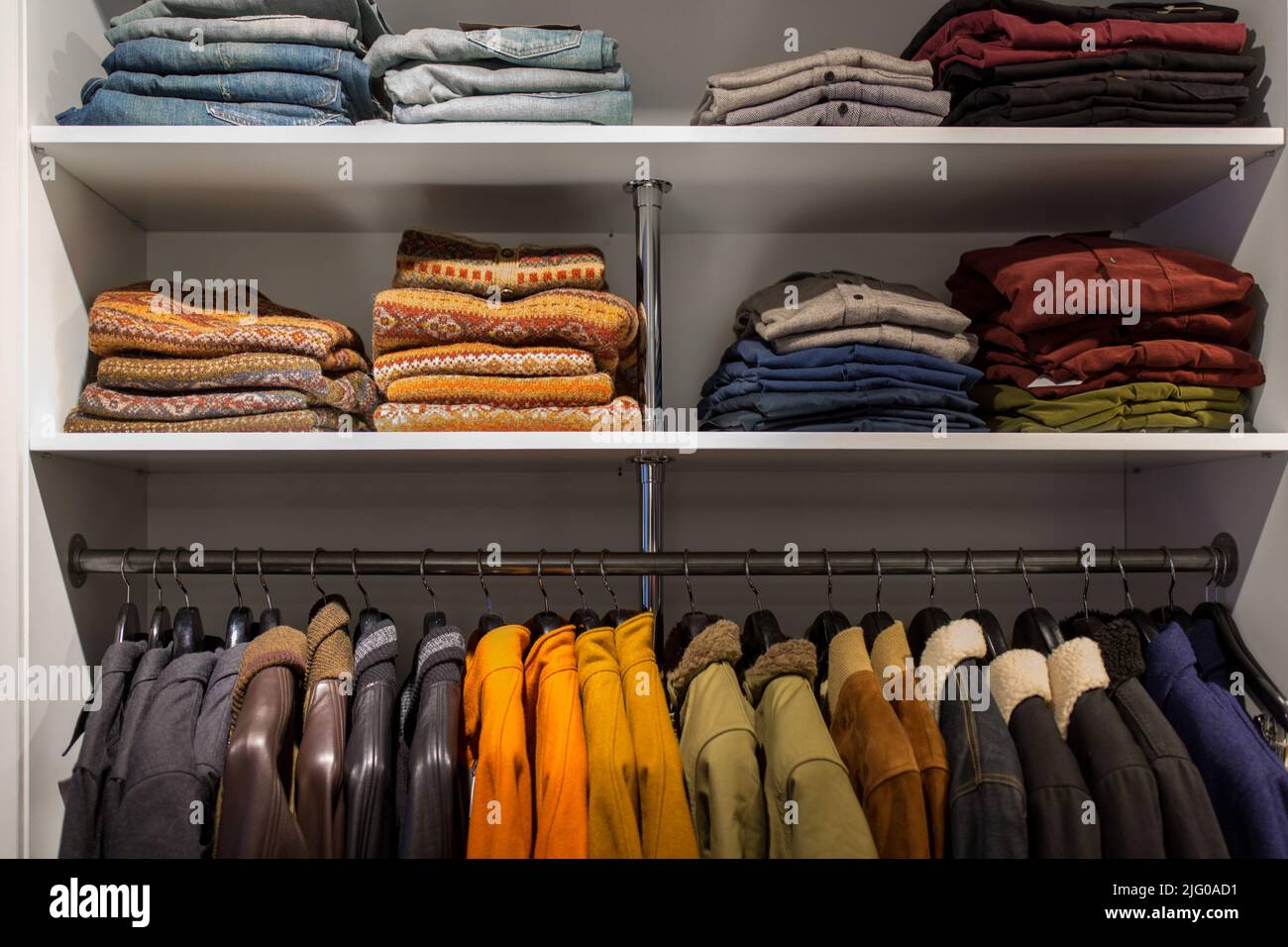 clothes on shelves and hanger at clothing store Stock Photo - Alamy