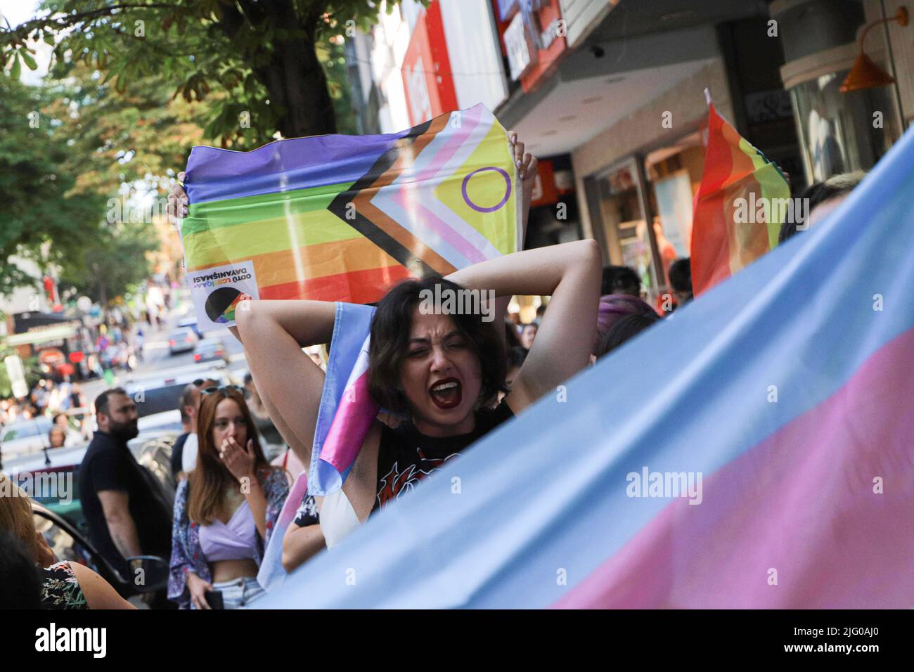 Ankara, Turkey. 05th July, 2022. A protester chants slogans while ...