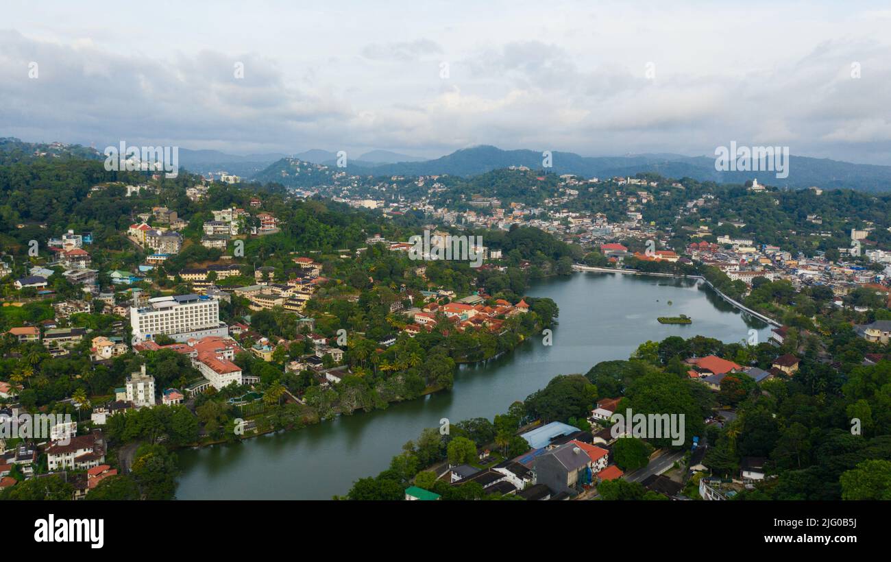 Aerial drone of Kandy Lake and Kandy city aerial panoramic view. View ...