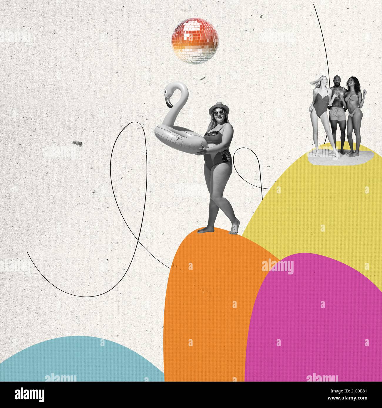 Contemporary art collage. Creative design. Group of young cheerful ...