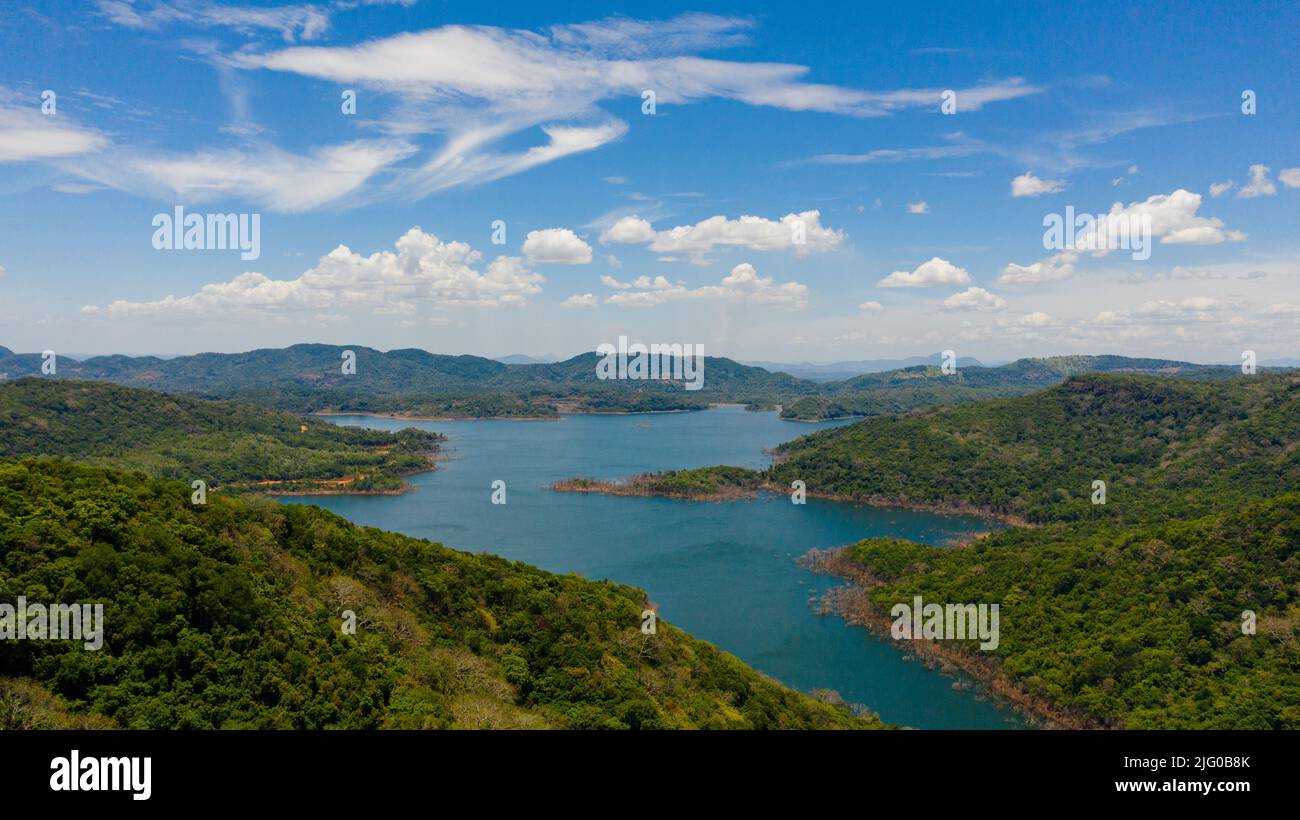 Aerial view of Mountains with rainforest and blue lake. Kalu Ganga ...