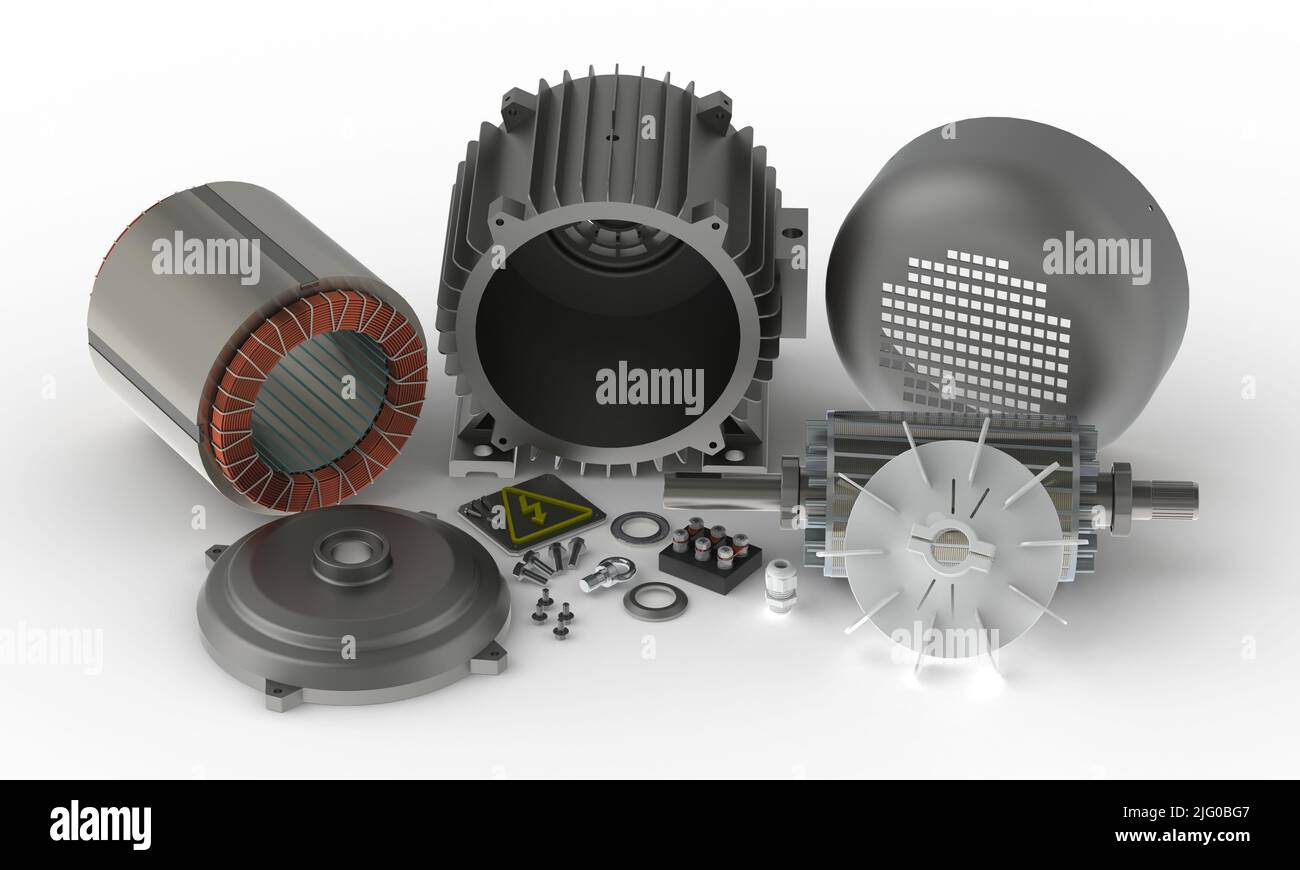 Electric motor, spare parts, 3D illustration isolated on white ...