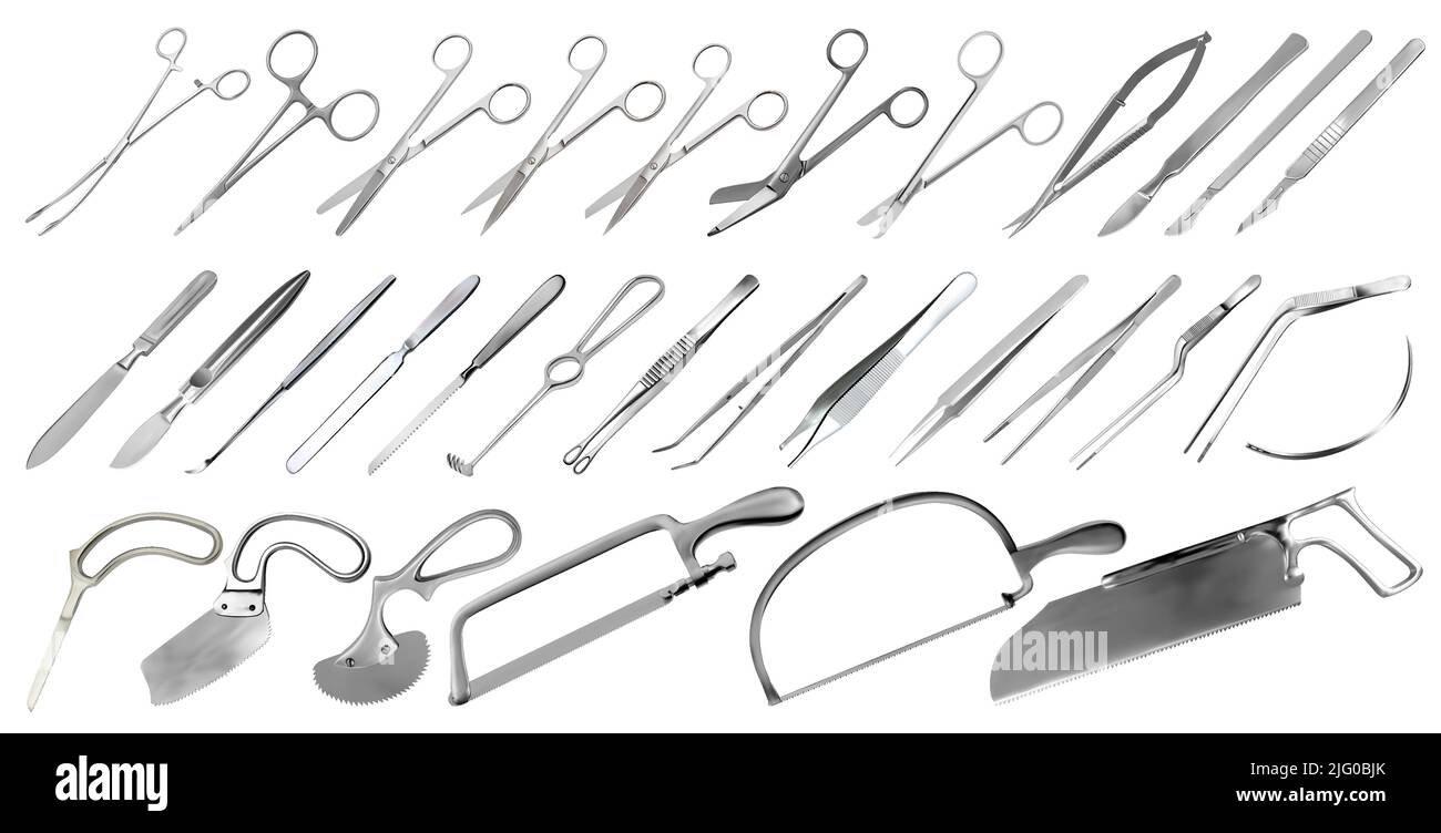 Set of surgical instruments. Tweezers, scalpels, plaster and bone saws ...