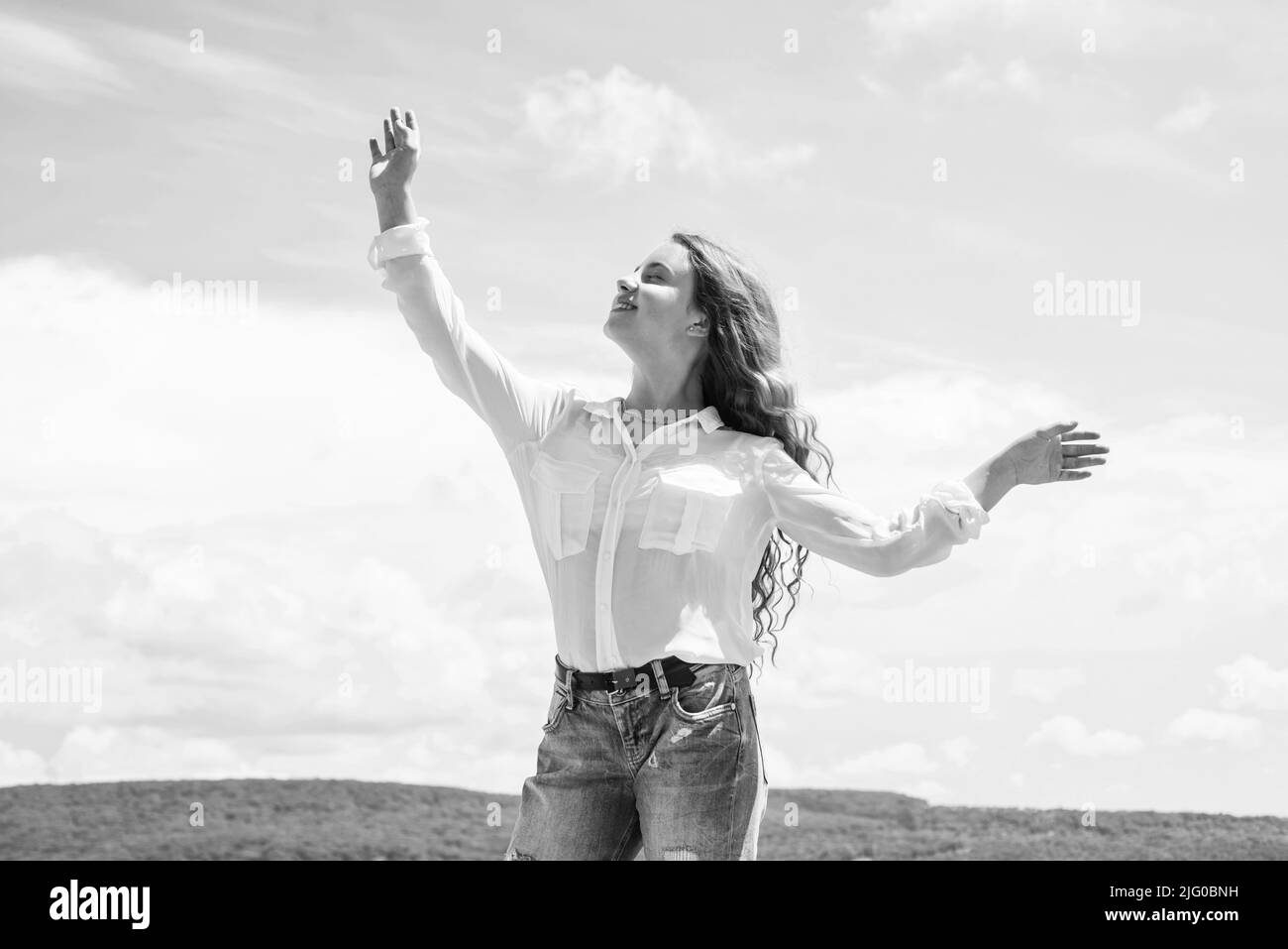 cute kid in white shirt outdoor, good weather Stock Photo - Alamy