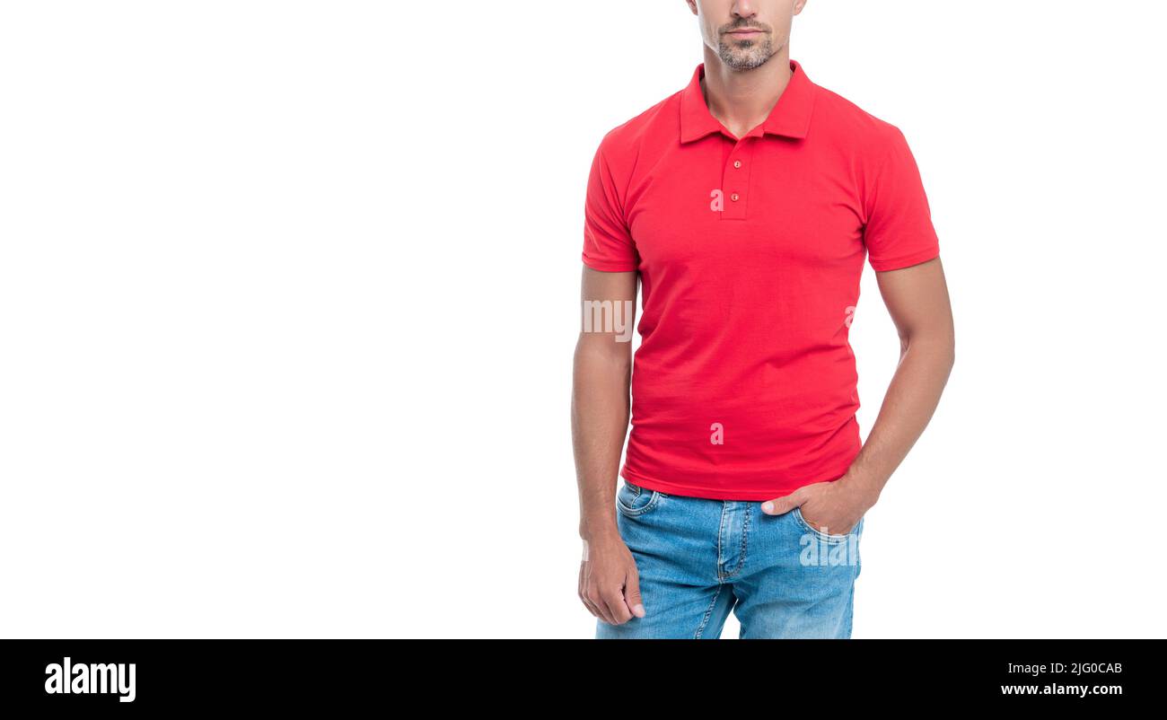 grizzled handsome man with graying hair in red shirt isolated on white ...