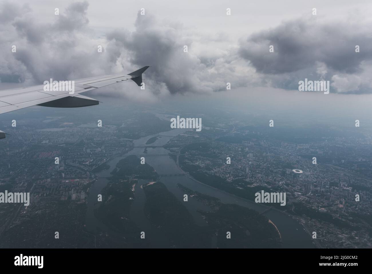 Kiev city with airplane window, Ukraine Stock Photo - Alamy