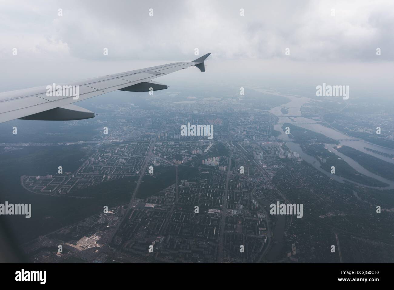 Kiev city with airplane window, Ukraine Stock Photo - Alamy