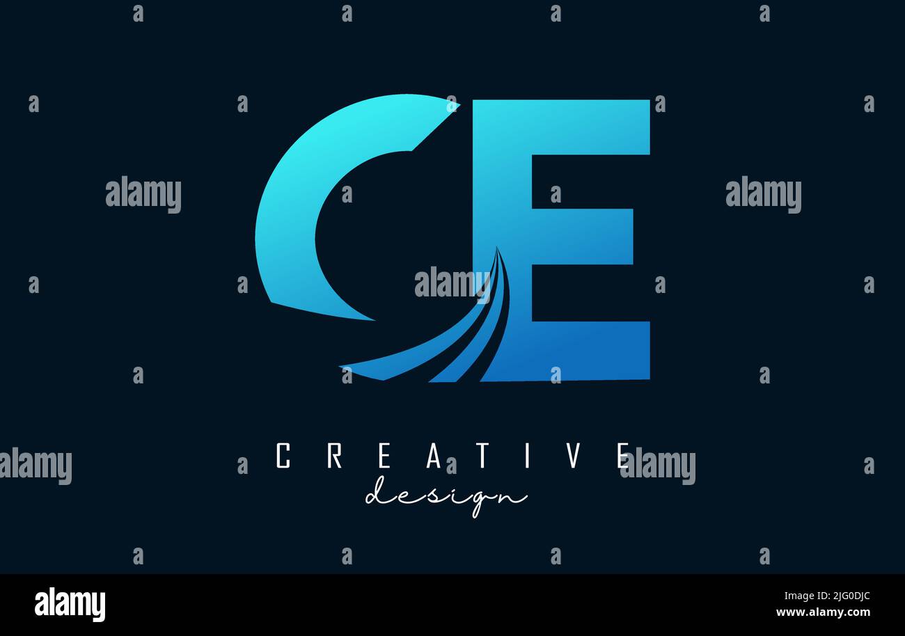 Creative blue letter CE c e logo with leading lines and road concept ...