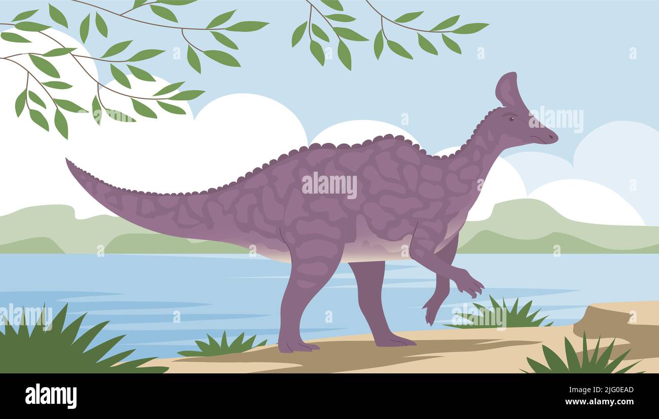 Big hadrosaurus. Bathes in water. Ancient lizard. Herbivorous dinosaur ...