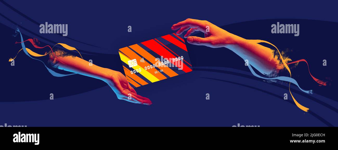 Contemporary art collage. Modern colorful design with credit card on ...