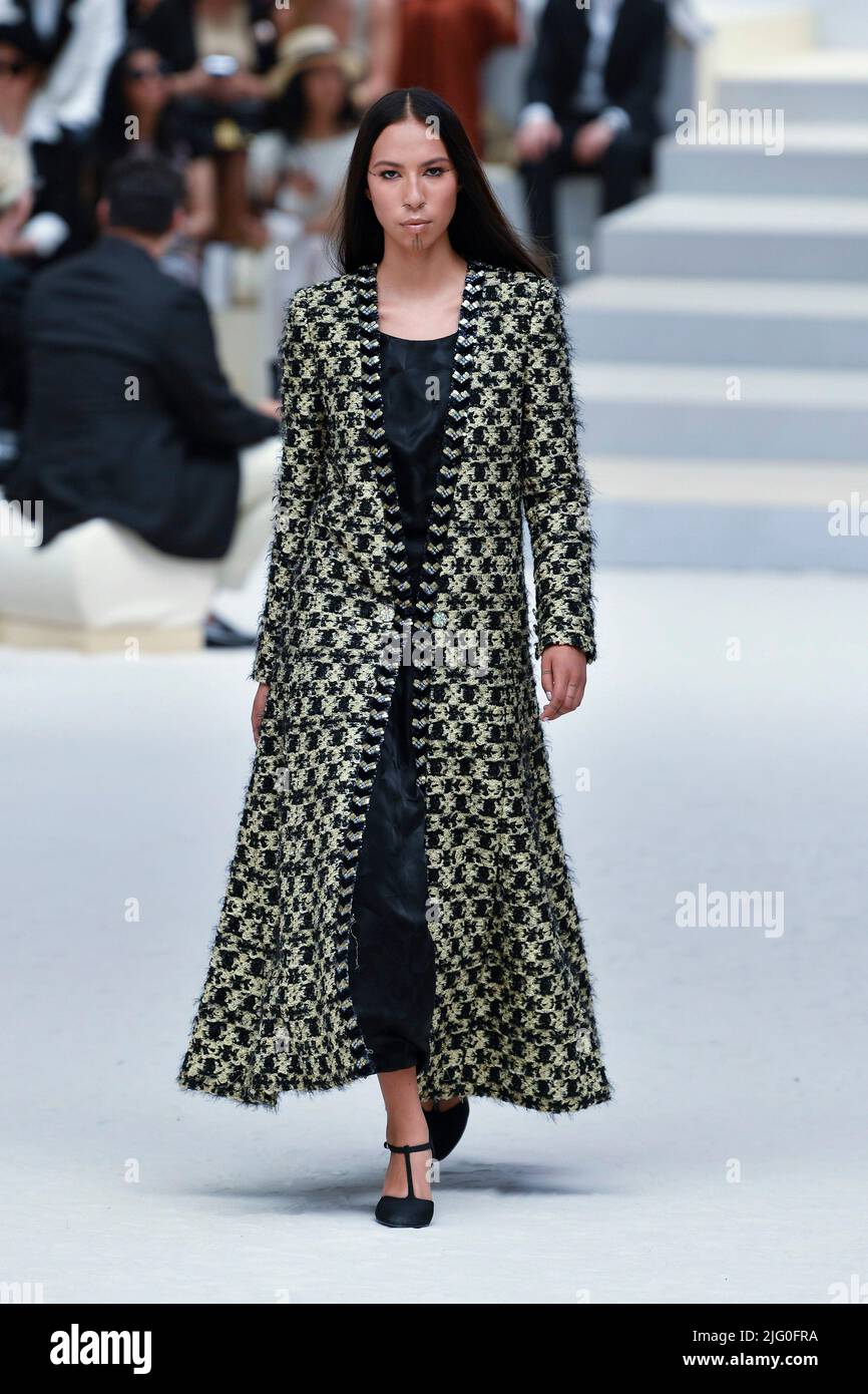 Paris, France, July 5, 2022. Model Quannah Chasinghorse walks on the runway during the Chanel ...