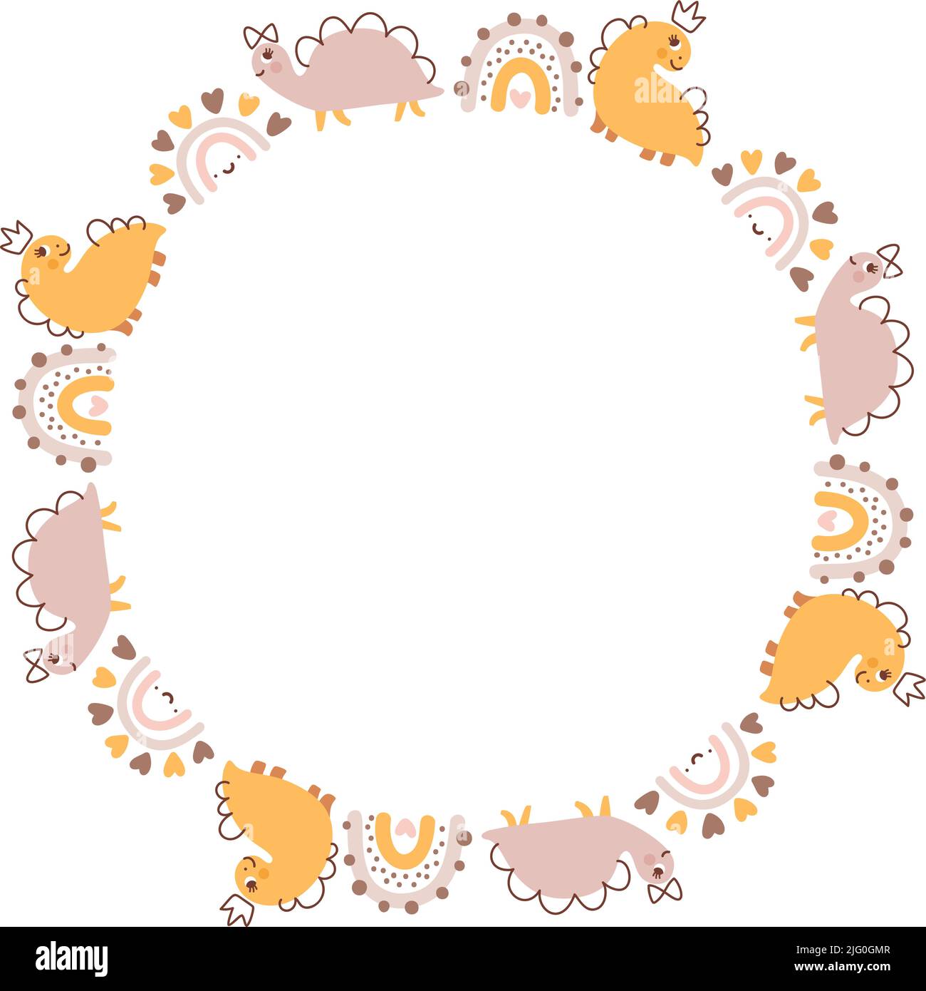 Summer vector round frame baby girl with dino girl and rainbow in ...