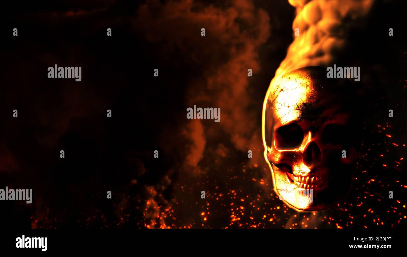 Burning yellow skull with fire background with empty place - war ...