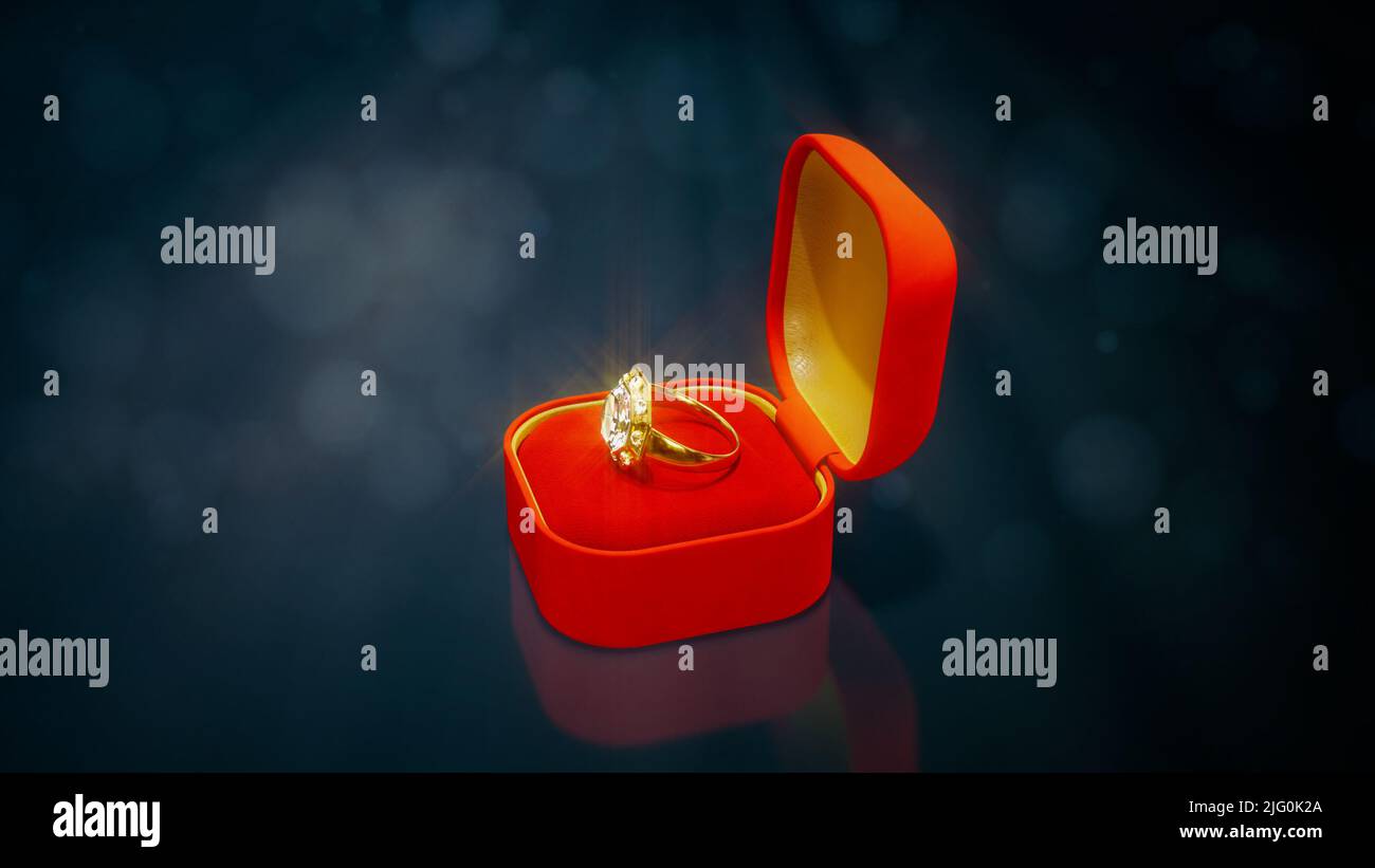 Red - gold opened bijouterie surprise gift box with diamond engagement ...