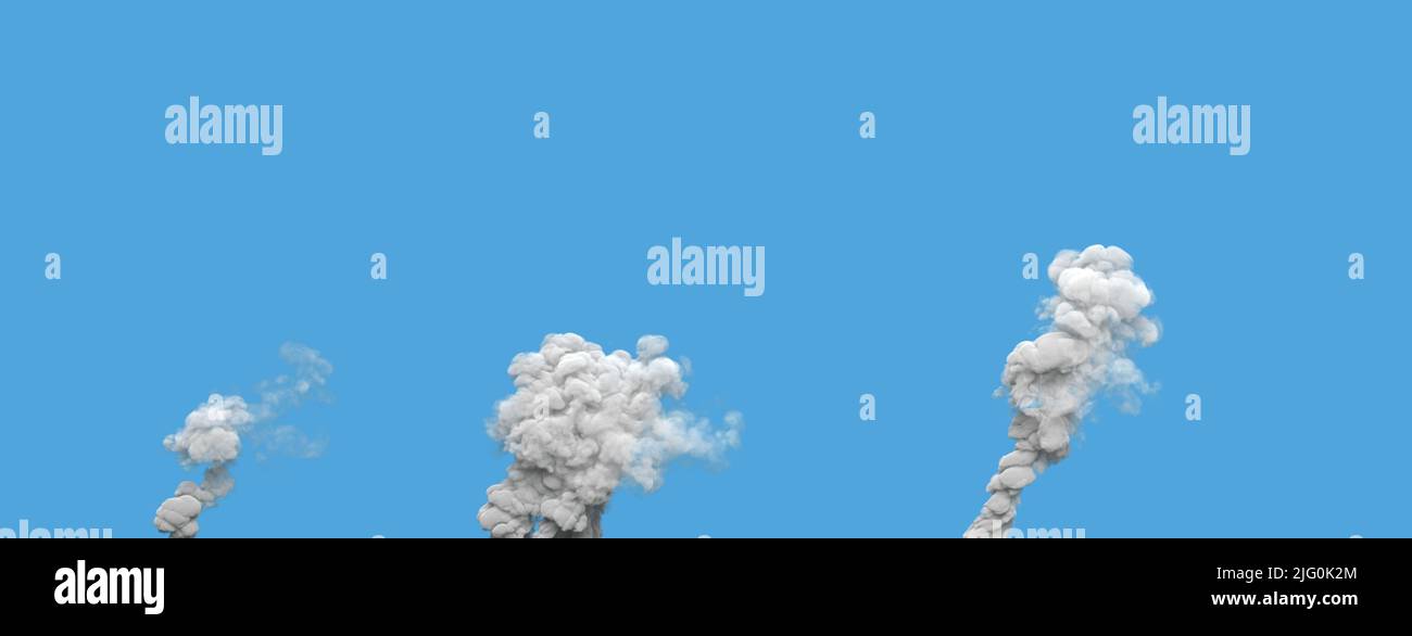 3 grey toxic smoke columns from masut power plant on blue, isolated ...