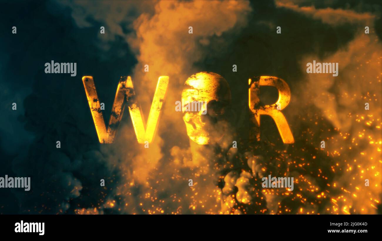 Text war with human skull on background with fire fire and smoke ...