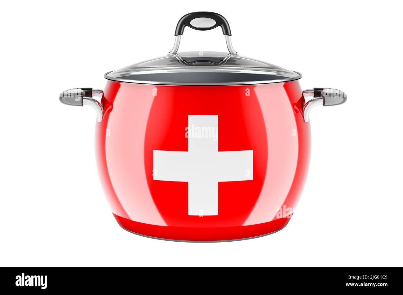 Swiss national cuisine concept. Swiss flag painted on the stainless ...