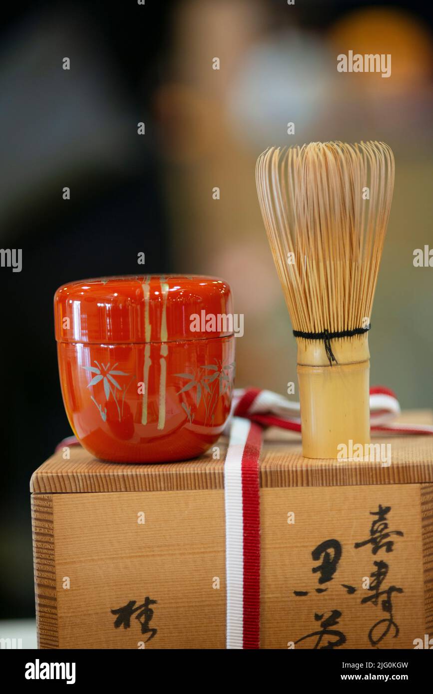 Japanese Matcha Green Tea in a Ceramic Pot with Tea Whisk Stock Photo ...