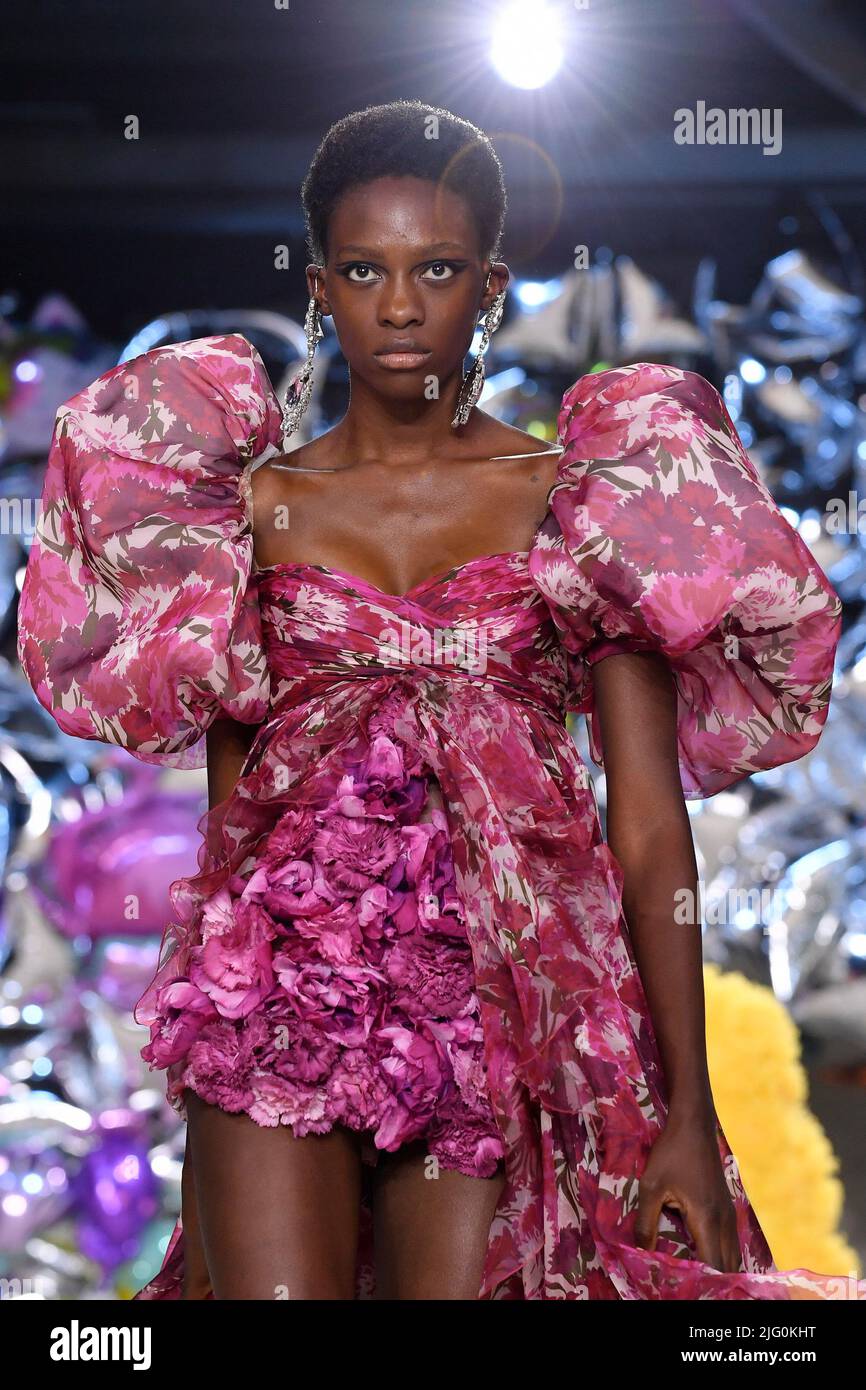 Paris, France, July 4 2022,. A model walks on the runway at the Giambattista Valli fashion show ...