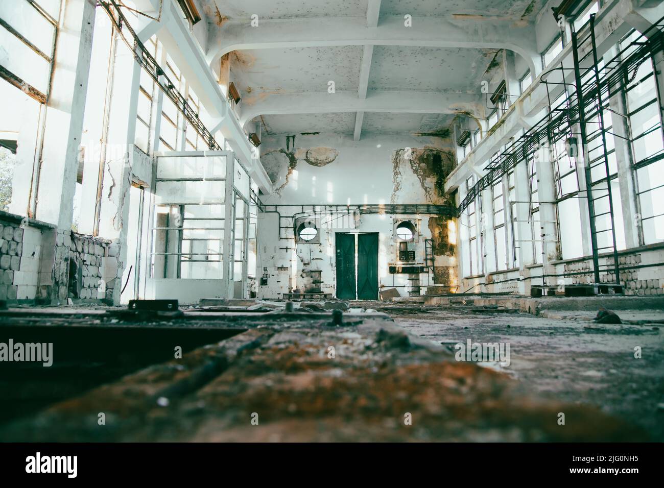 Abandoned ruined industrial building room inside interior, dark dirty ...