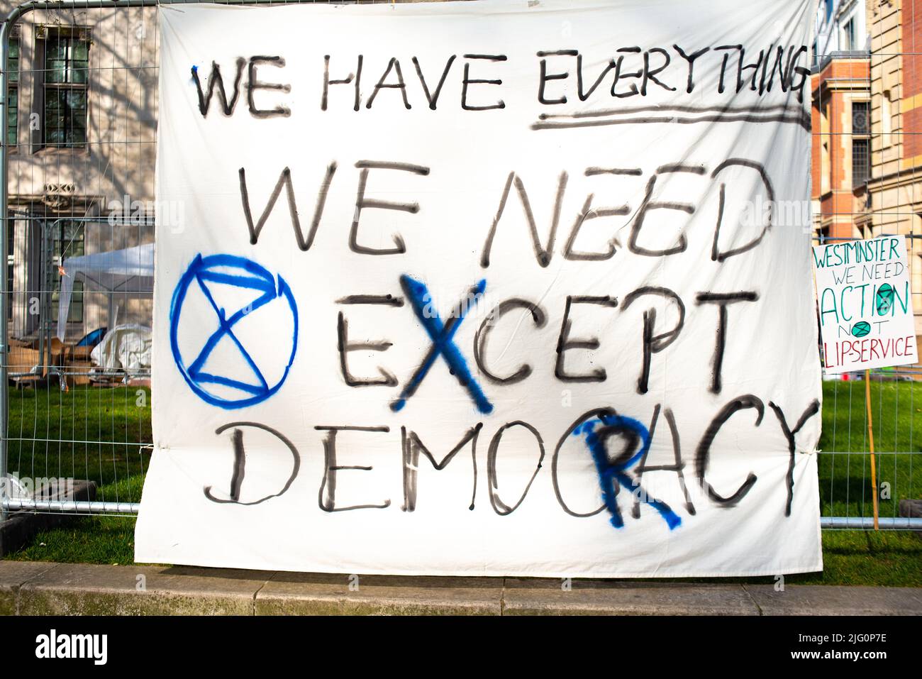 Signs at the Extinction Rebellion demonstration, in Parliament Square ...