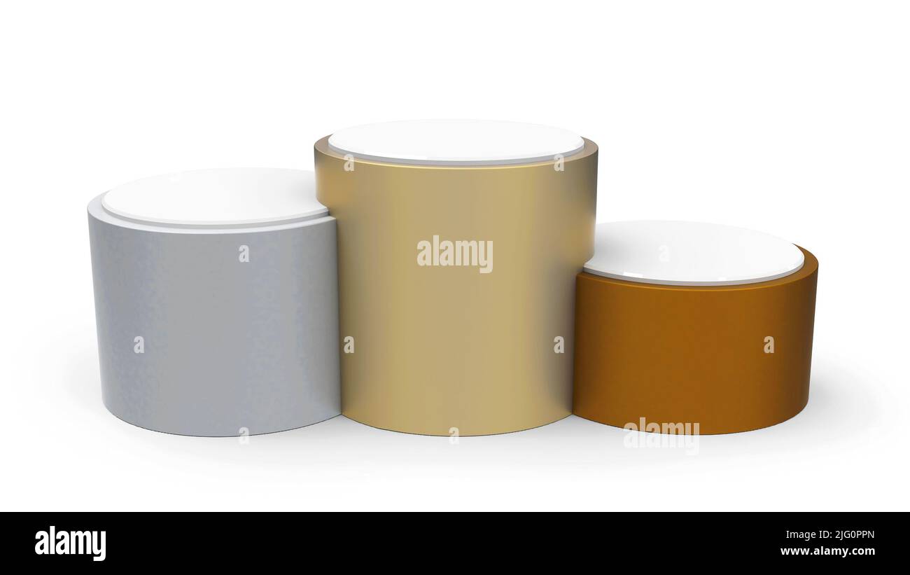 Blank metal cylinder podium without numbers of rank places, three ...