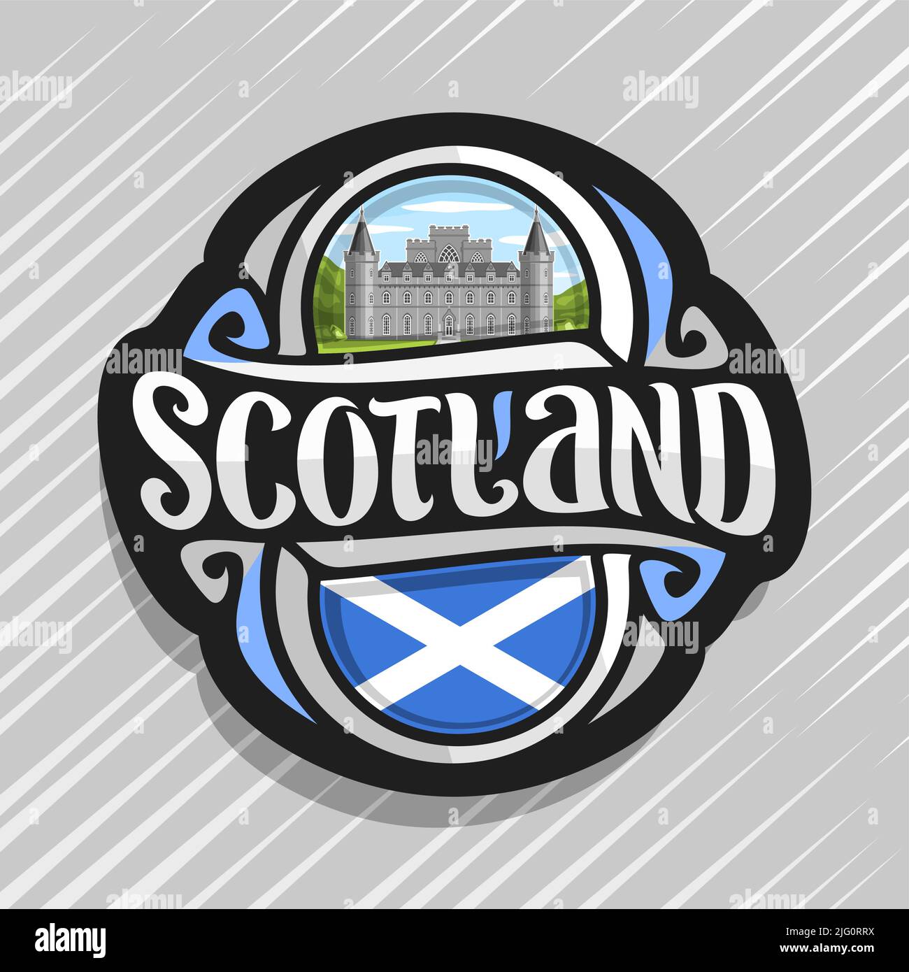 Vector logo for Scotland, fridge magnet with scottish saltire flag ...