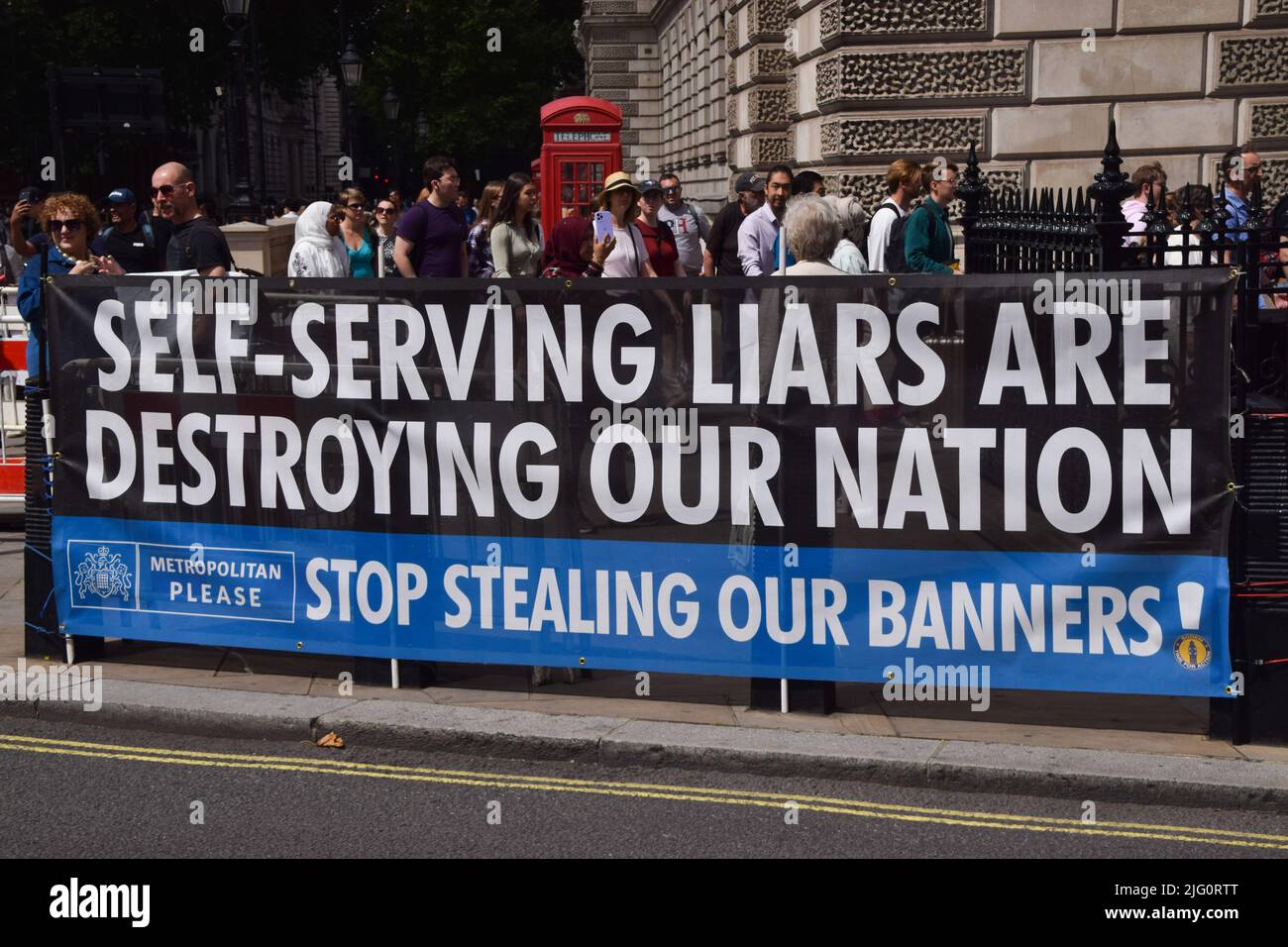 London, England, UK. 6th July, 2022. An anti-Tory Government banner in ...