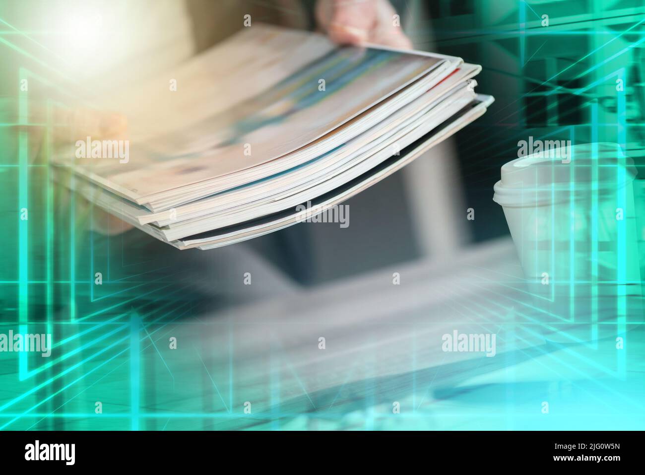 Male hands holding a stack of magazines; multiple exposure Stock Photo ...