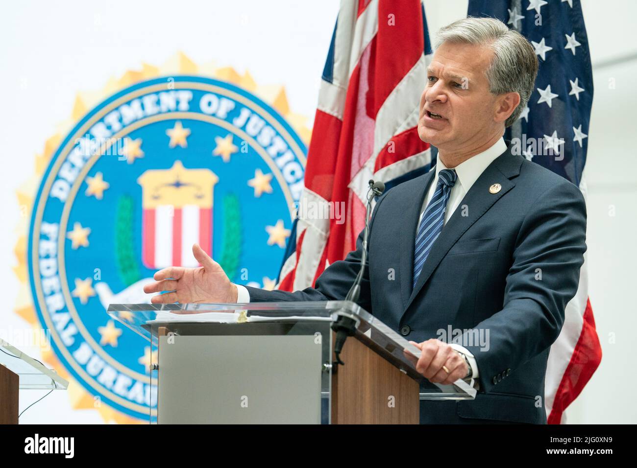 FBI Director Christopher Wray at a joint press conference with MI5 ...