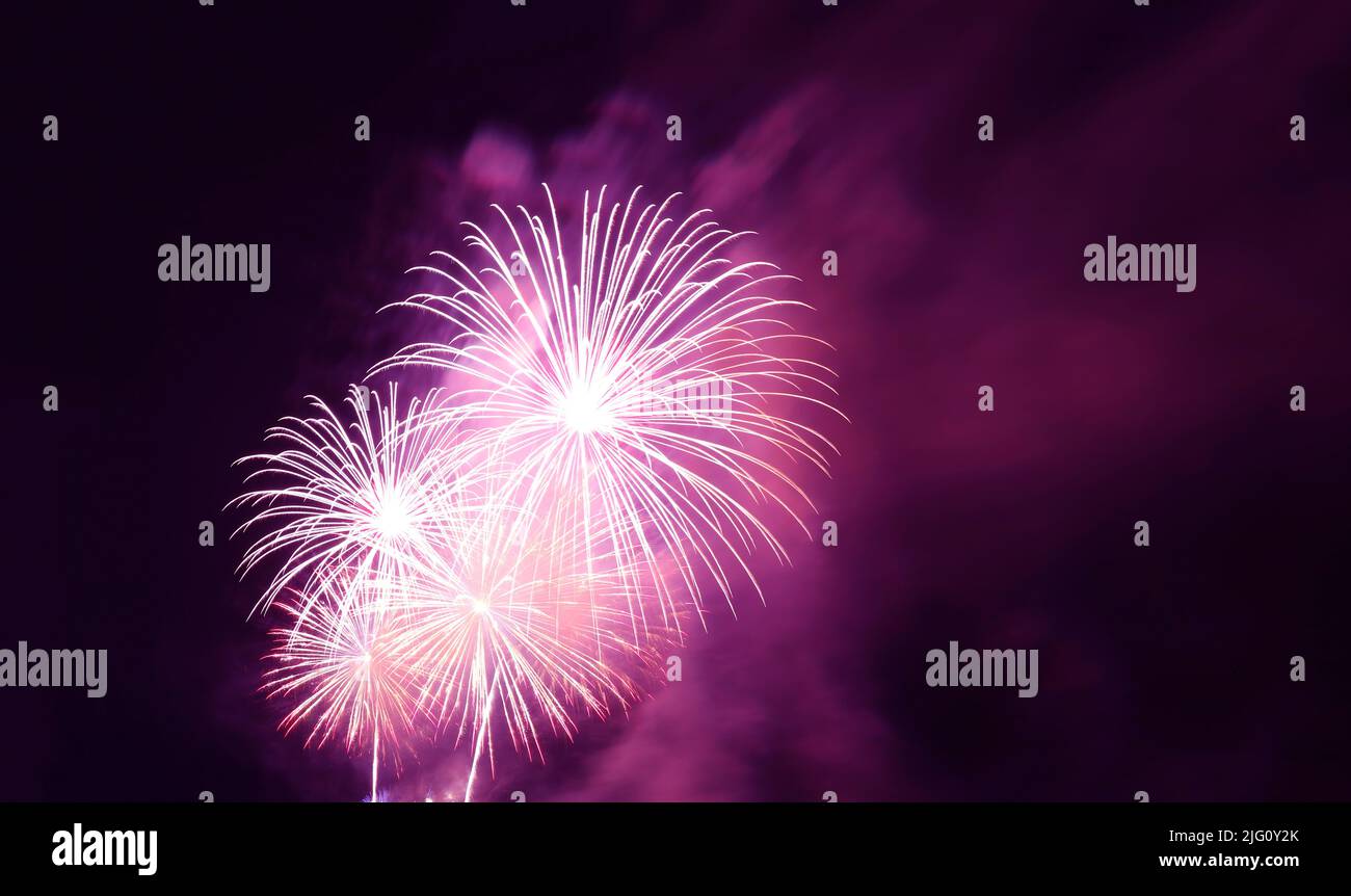 Fantastic magenta purple fireworks exploding into the city night sky ...