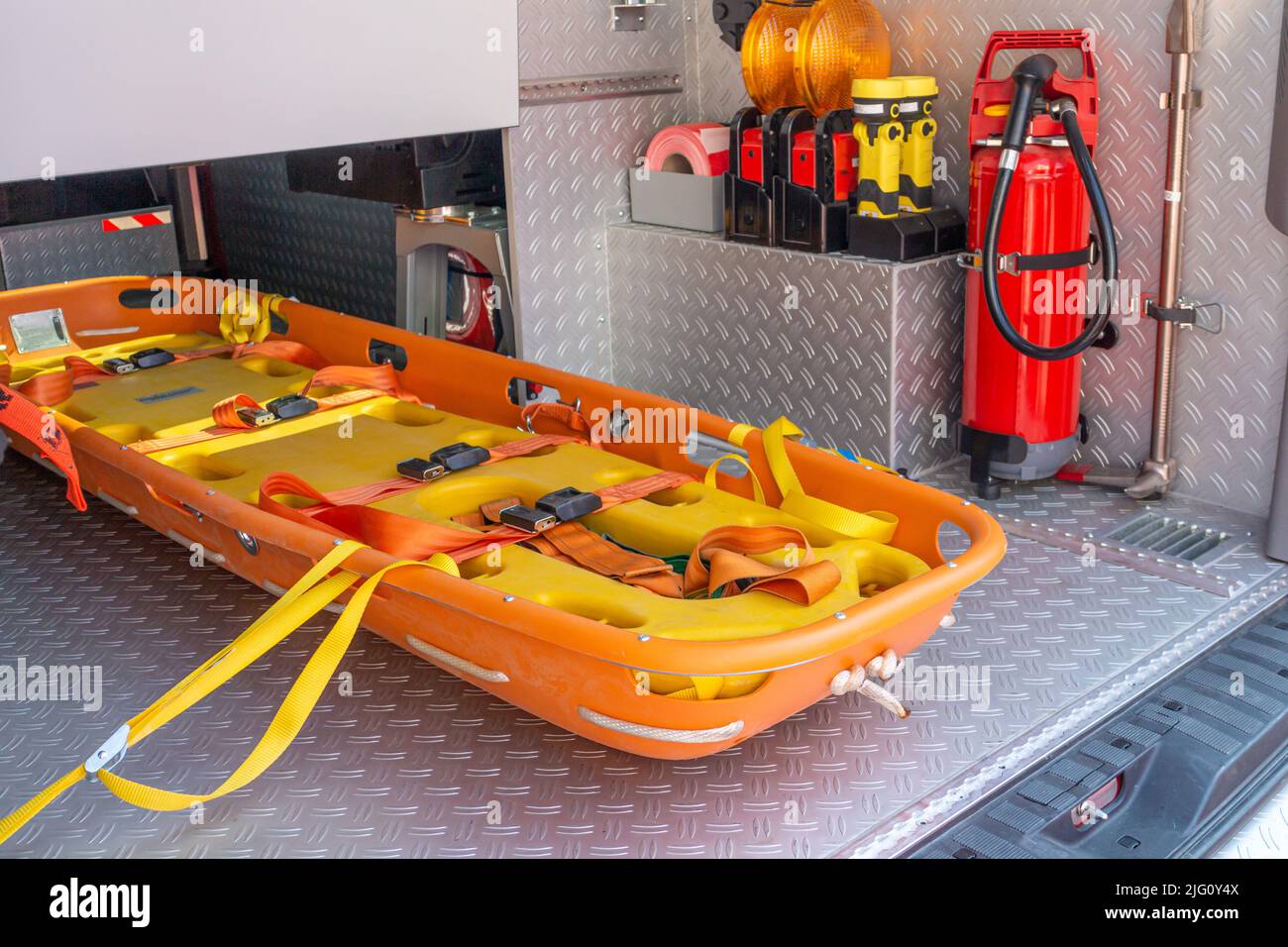 Various resources, including a stretcher, in a fire truck for rescuing ...