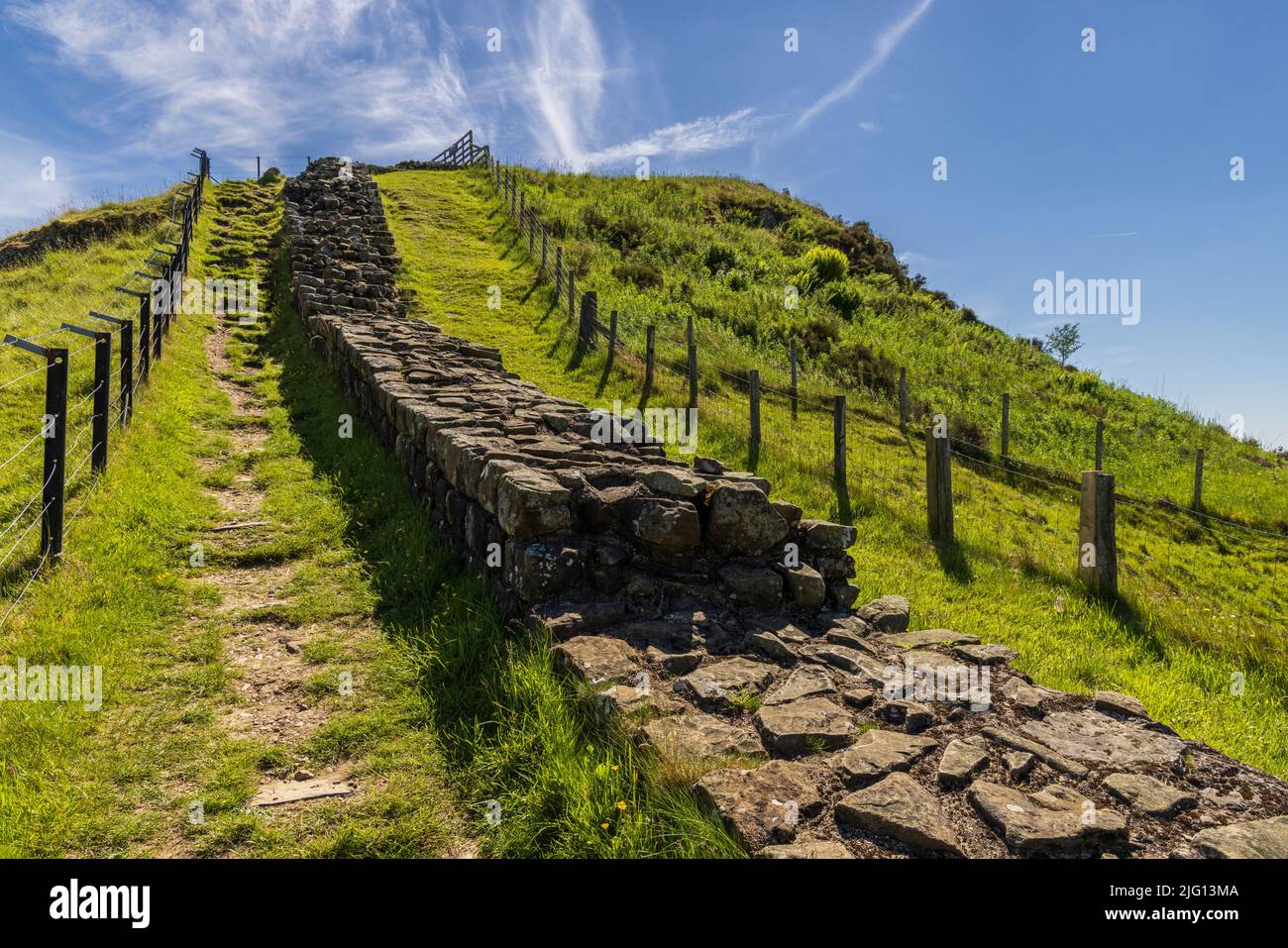 Hadrian's Wall ascending the Whin Sill rock face as it enters Cawfields ...