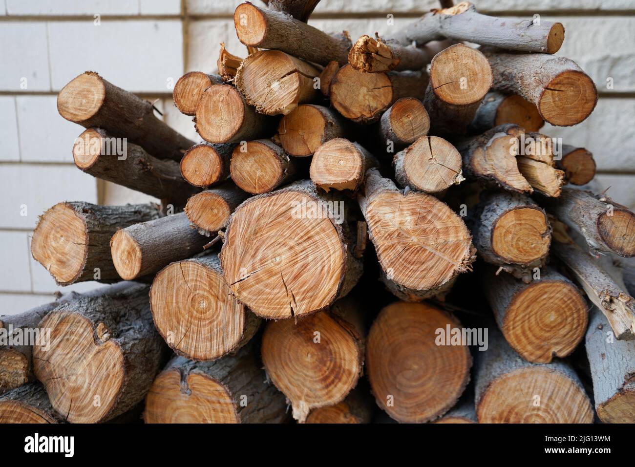Wooden natural sawn logs as background, top view, flat lay Stock Photo ...
