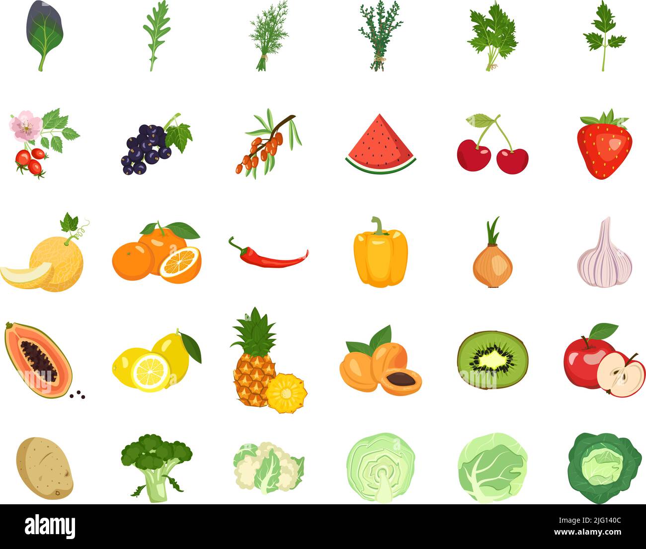 A set of vegetables, fruits, berries and herbs. Ingredients for ...