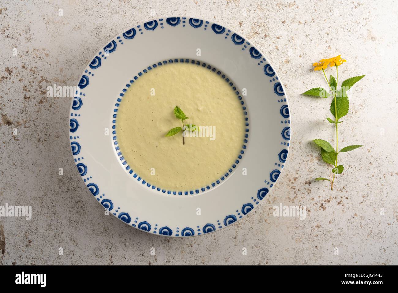 Cucumber and yogurt cold cream in decorated porcelain deep duck on a ...