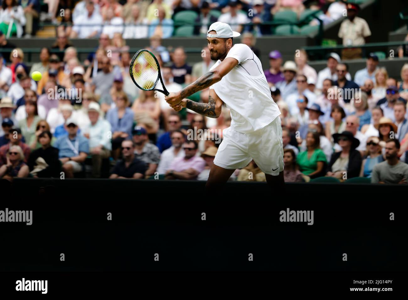 London, UK, 6th July 2022: Nick Kyrgios from Australia is in action ...