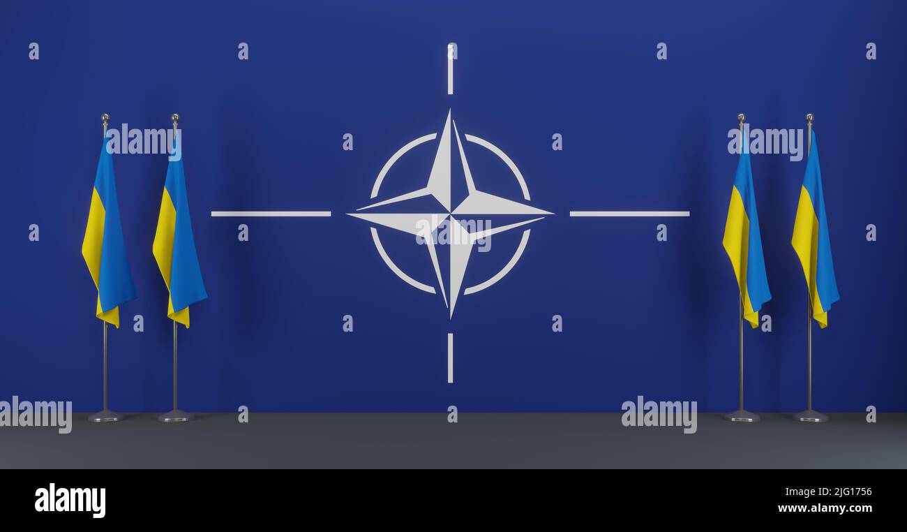 NATO and Ukraine, flag Ukraine on background NATO, 3D work and 3D image ...
