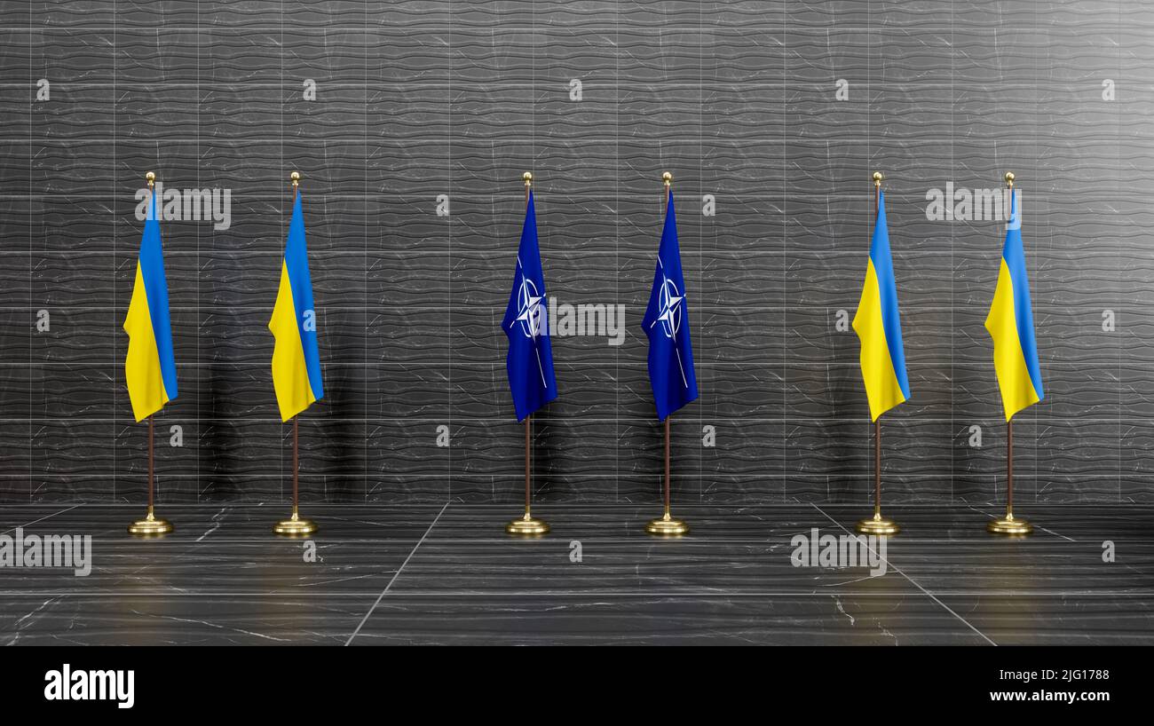 Ukraine and NATO. Flag Ukraine and Flag NATO, NATO Summit. 3D work and ...