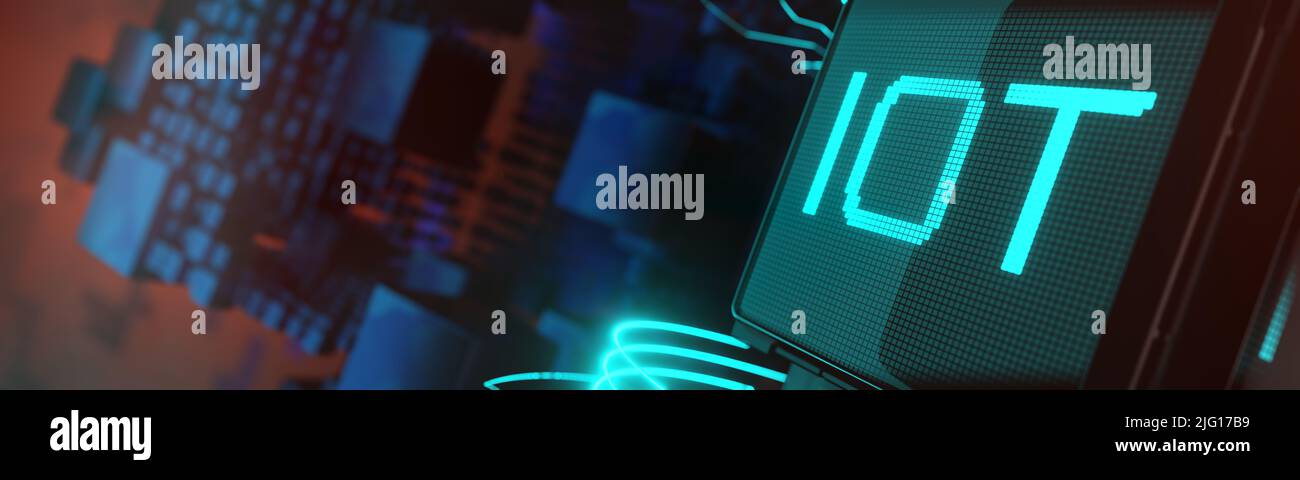 Wide banner with IOT inscription and technological background. Internet ...