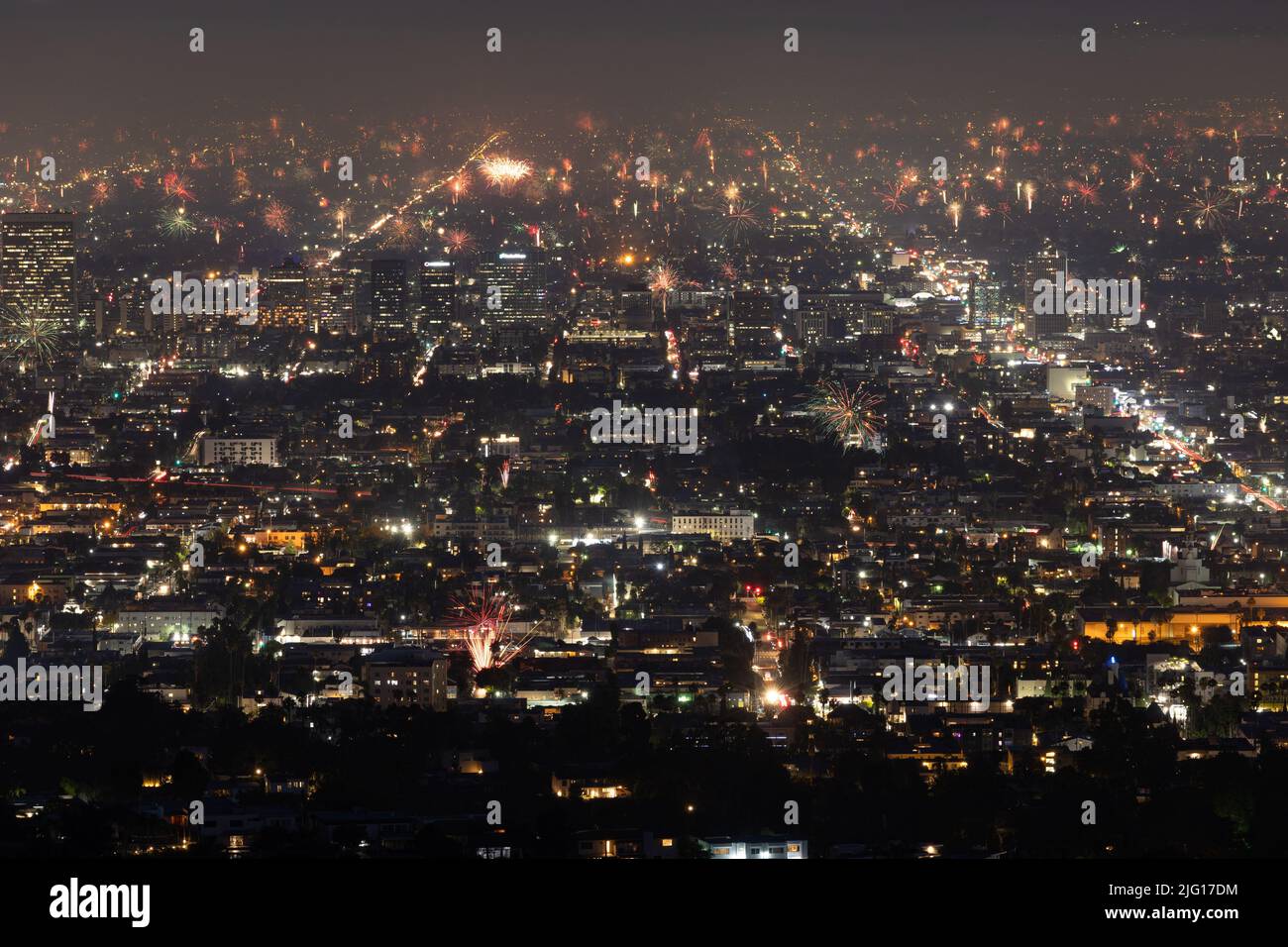 Fireworks over Griffith Observatory with the Los Angeles skyline in the ...