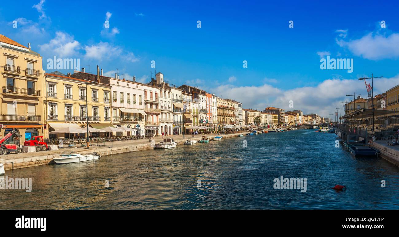 The royal canal on a sunny summer evening, in Sete in Herault, in ...
