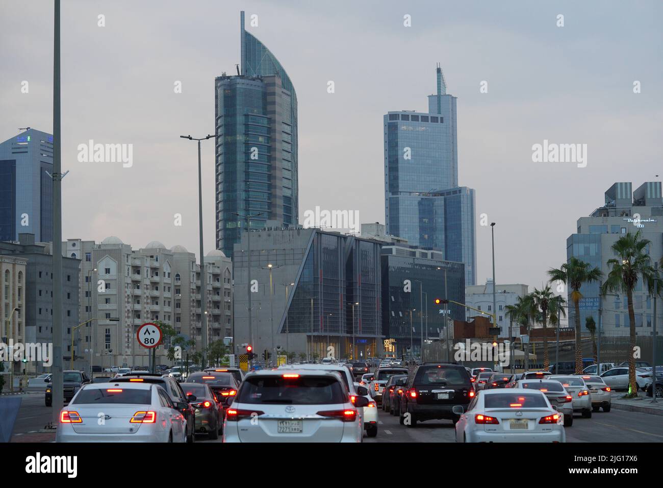 Al Khobar city Morning view from a traffic light. with sky scrapper and ...