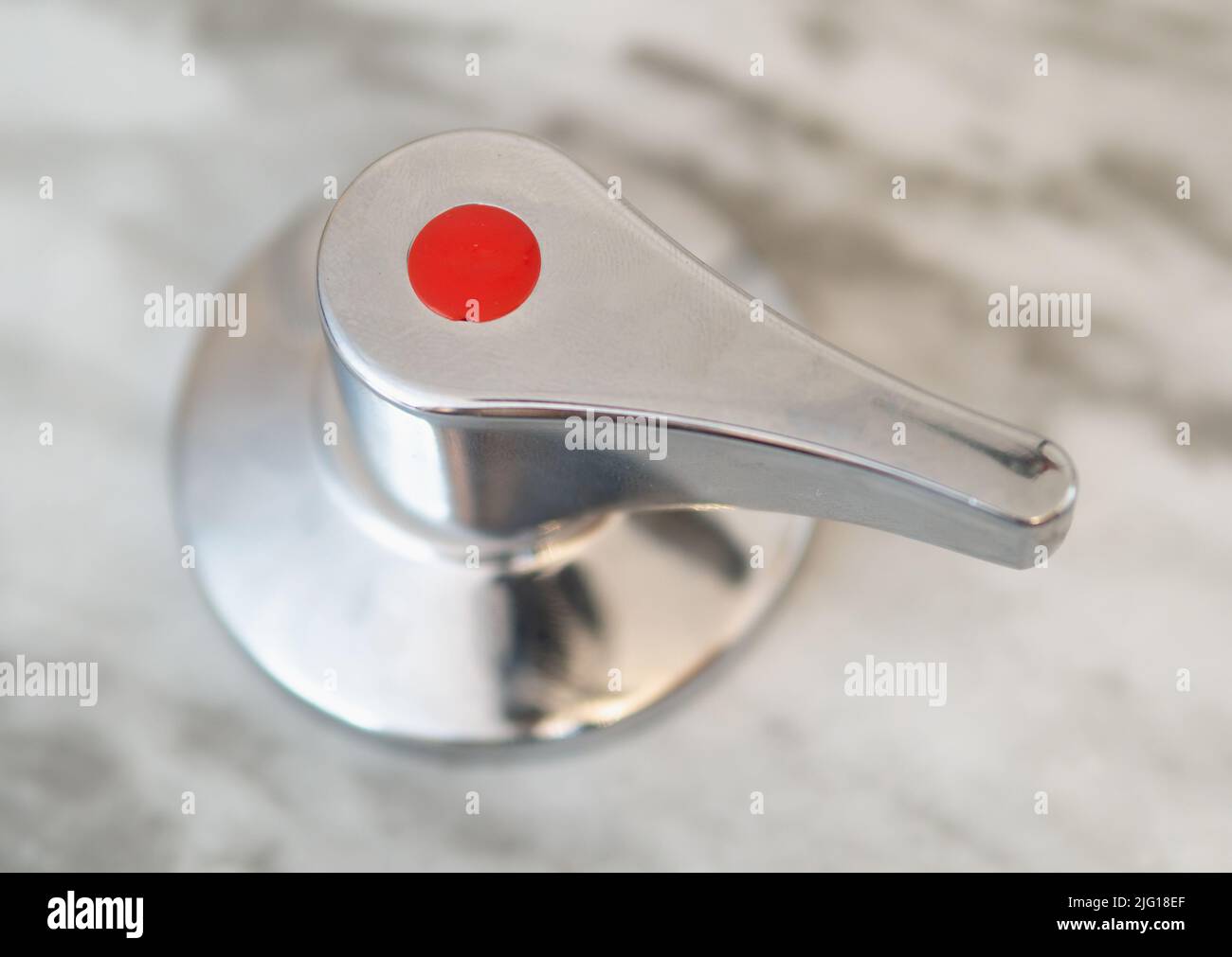 Close-up Of A Hot Water Fitting, Tap, With Red Dot. Symbolic Photo For ...